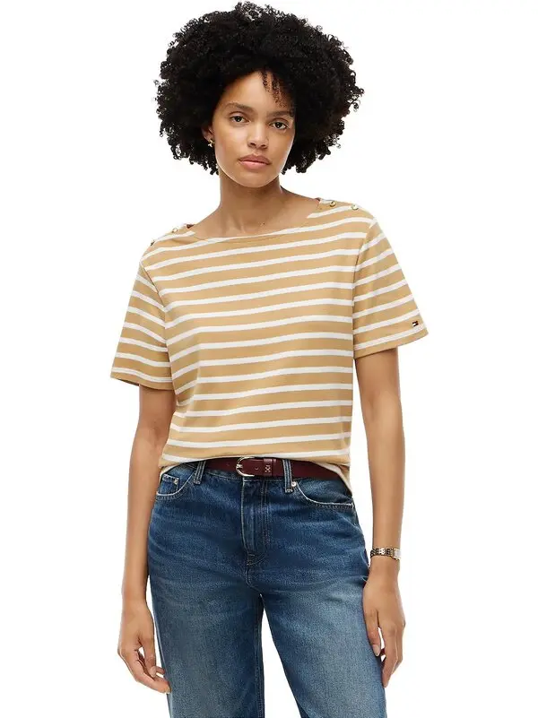 Tommy Hilfiger Gold-button Striped Cotton Interlock T-shirt - Classic Khaki Combo