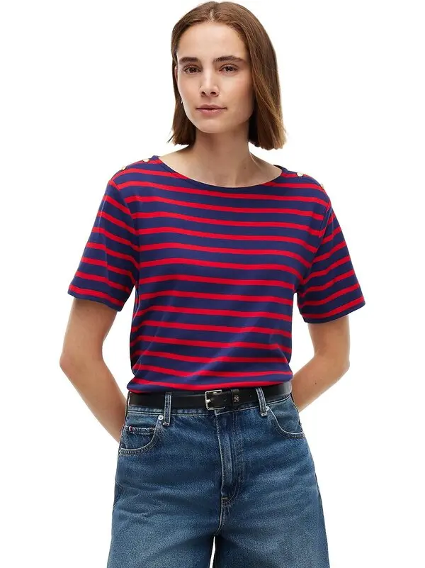 Tommy Hilfiger Striped Cotton Interlock T-shirt With Gold-tone Buttons - Red Combo