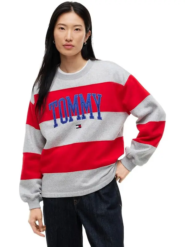 Tommy Hilfiger Varsity Logo Rugby Stripe Crewneck Sweatshirt - Grey Heather