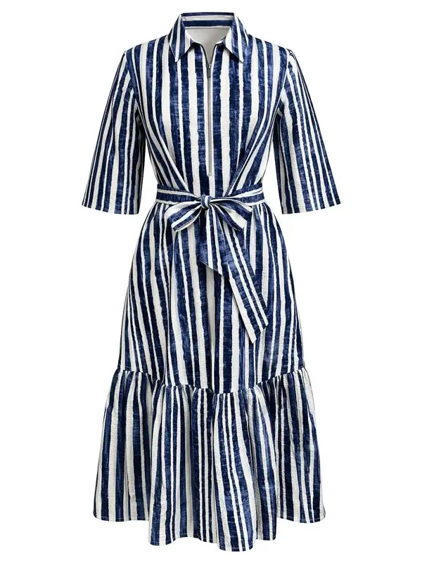 EXQUISE Darcio Shirt Collar Short Sleeve Belted Midi Dress Royal - Blue