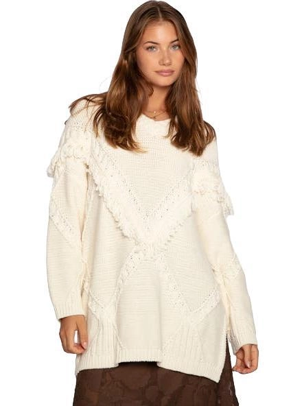 BELLE & BLOOM Tassel Line Fringe Oversized Sweater - Natural
