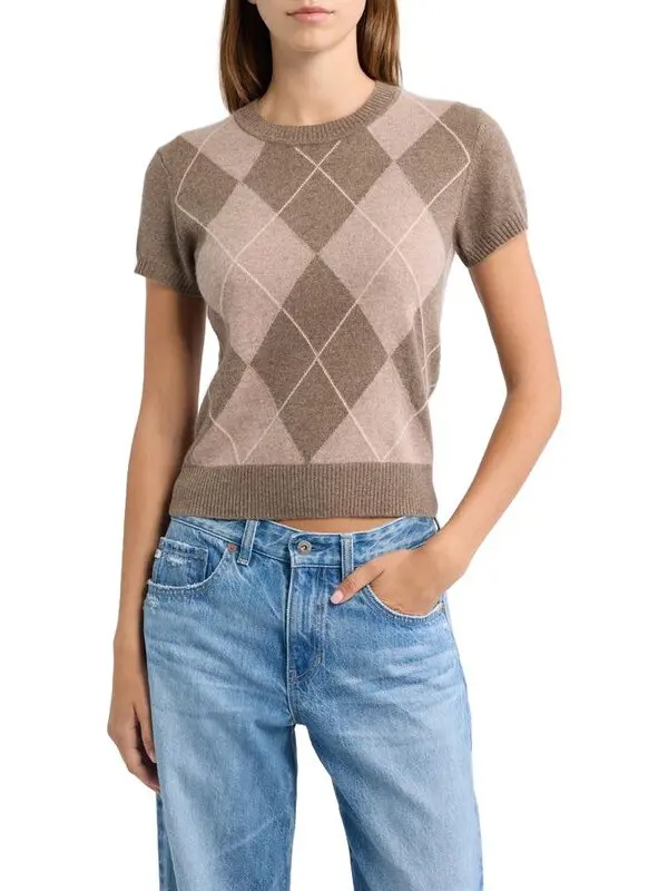 REFORMATION Darcy Short Sleeve Cashmere Sweater Argyle Pattern - Oak Argyle