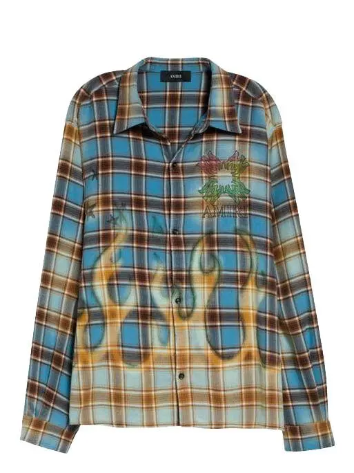 Amiri Ma Quad Flames Plaid Cotton Flannel Button-up Shirt - Blue