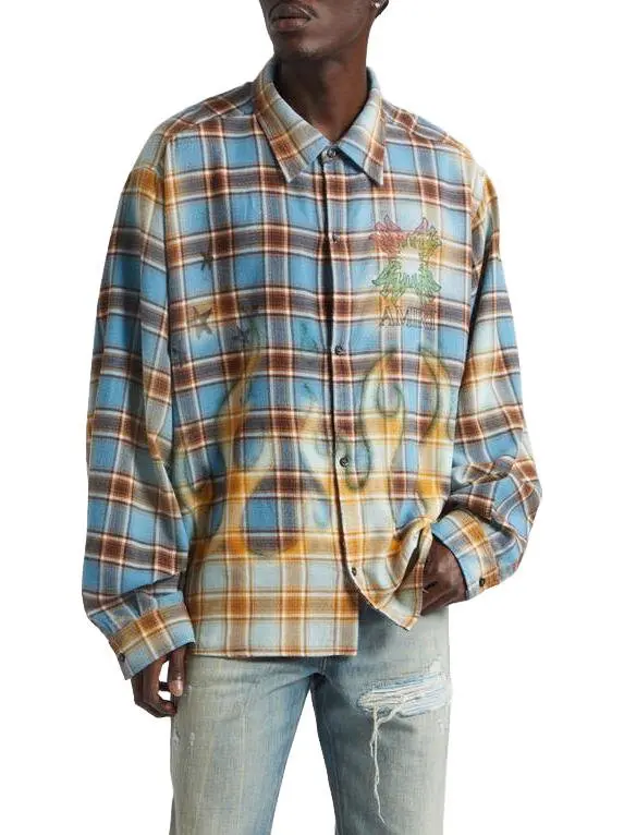 Amiri Ma Quad Flames Plaid Cotton Flannel Button-up Shirt - Blue