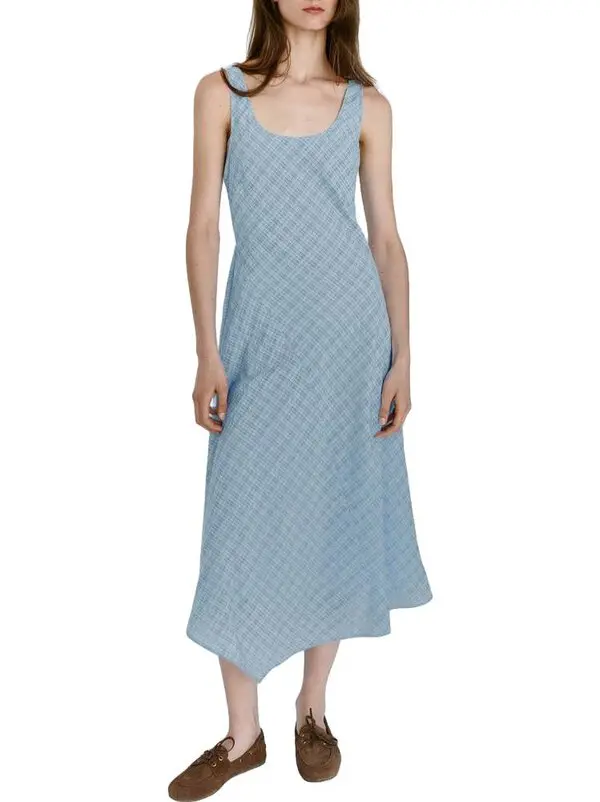 Mango Checked Asymmetrical Midi Dress - Sky Blue