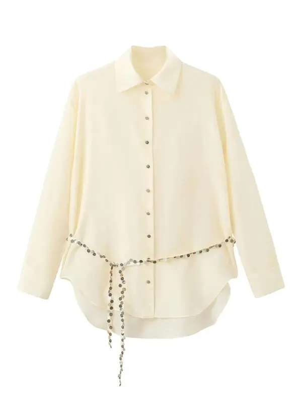 Mango Semi-sheer Beaded Cotton & Silk Shirt - Off White
