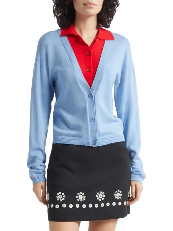 Stine Goya Layered Wool Cardigan - Sky Blue/fiery Red