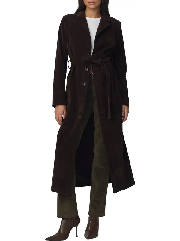 Joe's Jeans Faux Suede Long Coat With Tie Belt - Dark Chocolate