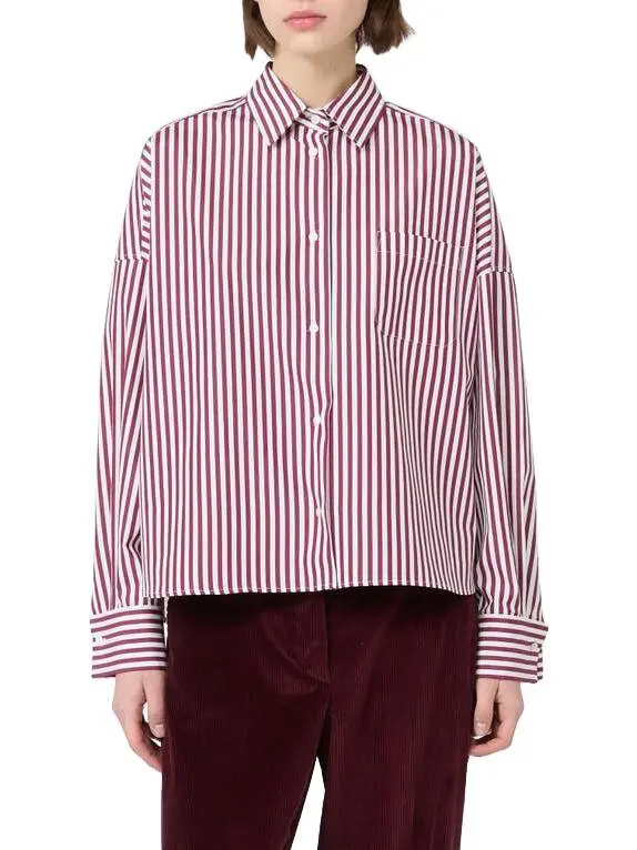 Max Mara Striped Cotton Shirt With Spread Collar And Chest Pocket - Bordeaux