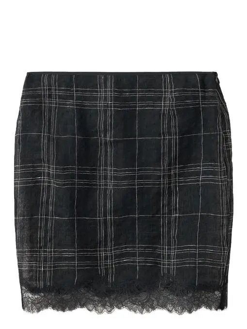 Mango Checkered Linen Blend Mini Skirt With Lace Trim - Black