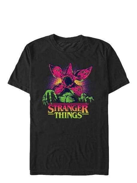 STRANGER THINGS Netflix Demogorgon Neon Pixel Logo T Shirt - Black