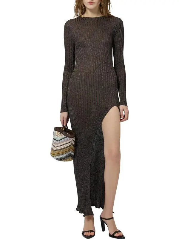 Missoni Ribbed Long Sleeve Maxi Sweater Dress With Front Slit - Brown