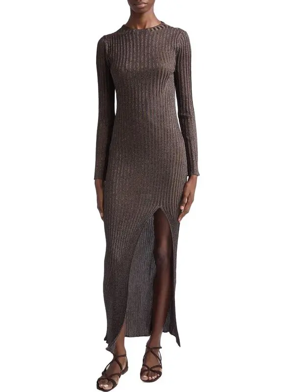 Missoni Ribbed Long Sleeve Maxi Sweater Dress With Front Slit - Brown
