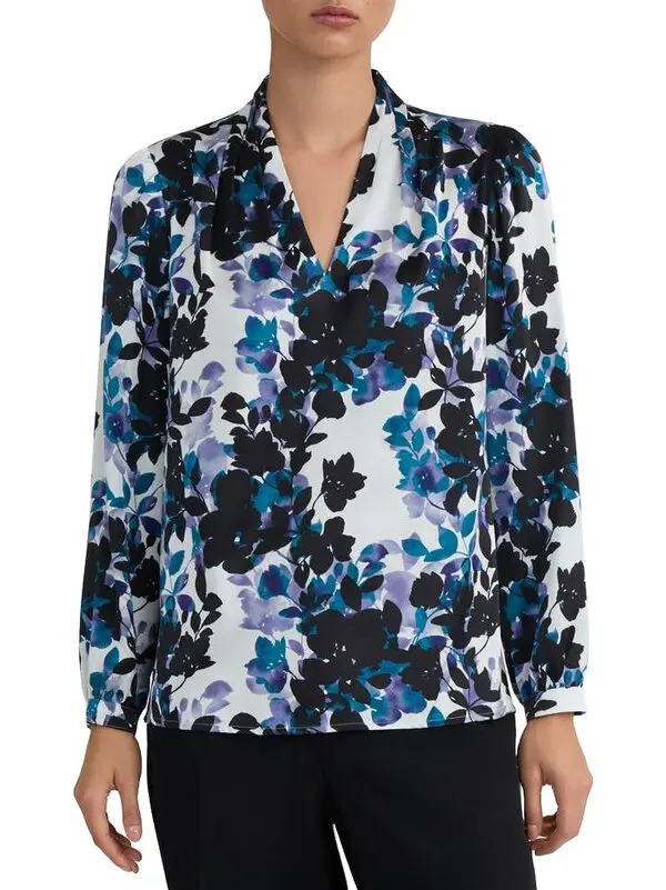 KASPER Pleated Shoulder Floral Print V-neck Top - Vanilla Ice Multi