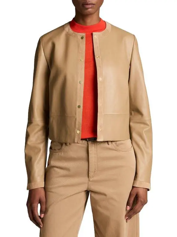 Vince Cropped Collarless Leather Jacket - Carmello