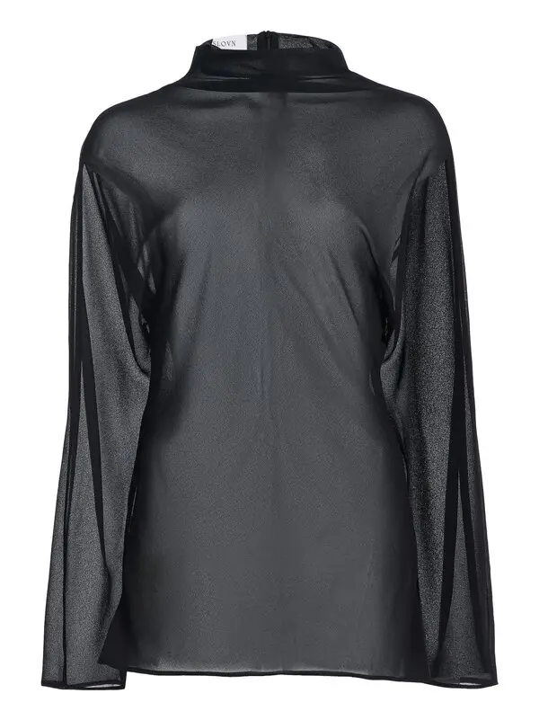 SLOAN Sheer Long Sleeve Turtleneck Top With Ruffled Sleeves - Black