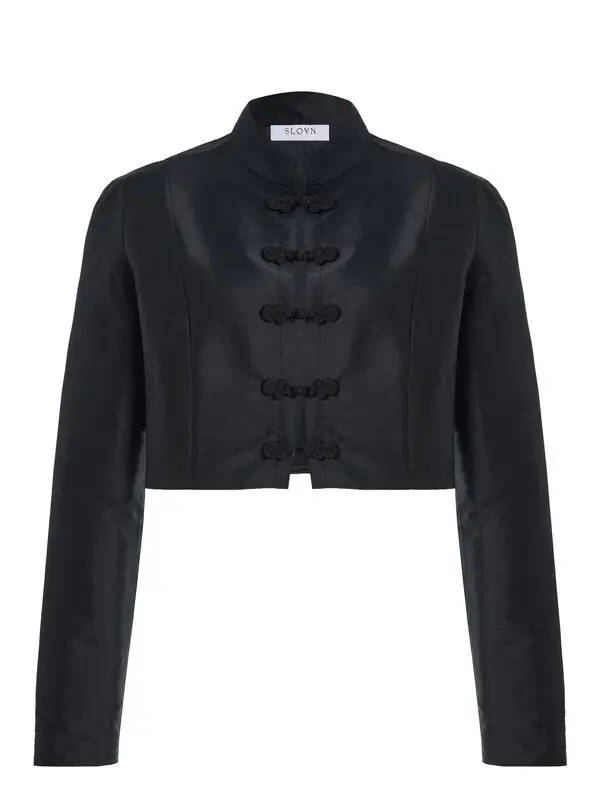SLOAN Fitted Cropped Crepe Top With Mandarin Collar - Black