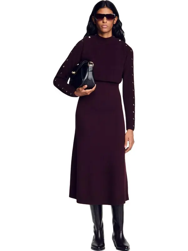 Sandro 2-in-1 Knit Maxi Dress With Decorative Studs - Bordeaux