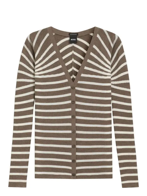 BOSS Buttoned Cardigan In Striped Merino Wool - Brown