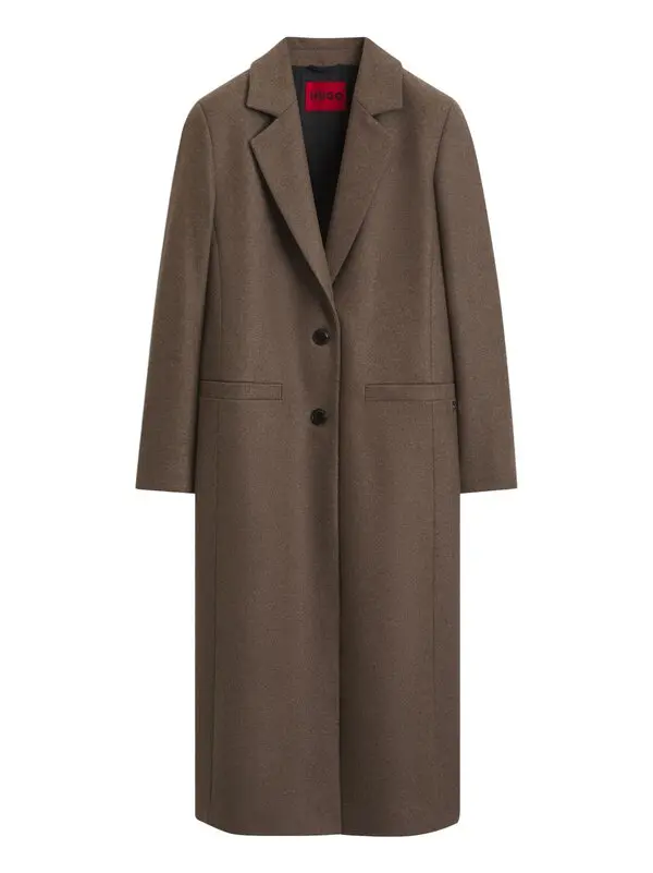 Hugo Relaxed Fit Long Formal Coat With Monogram Rivet - Brown