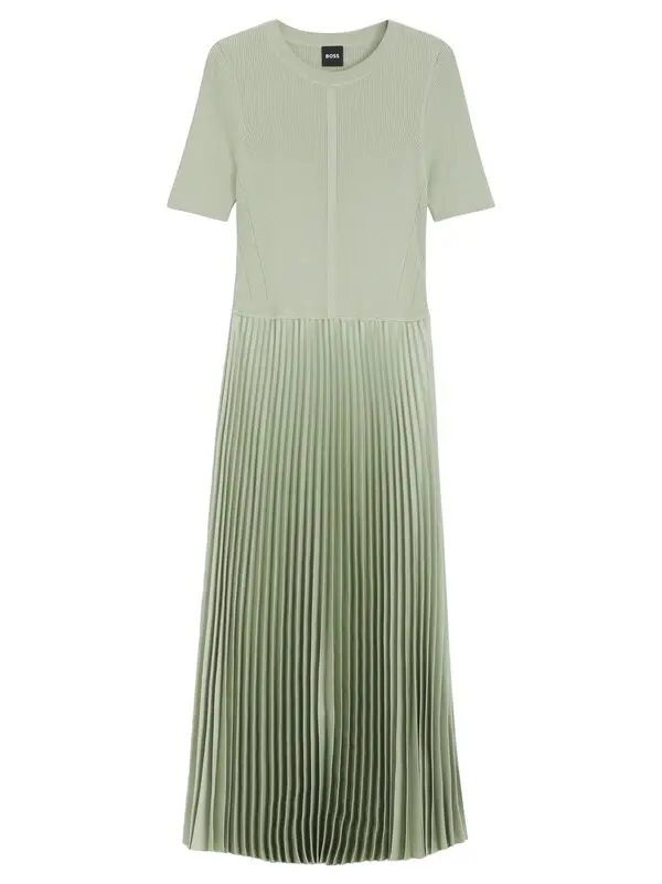 BOSS Mixed-material Dress With Pleated Skirt - Light Green