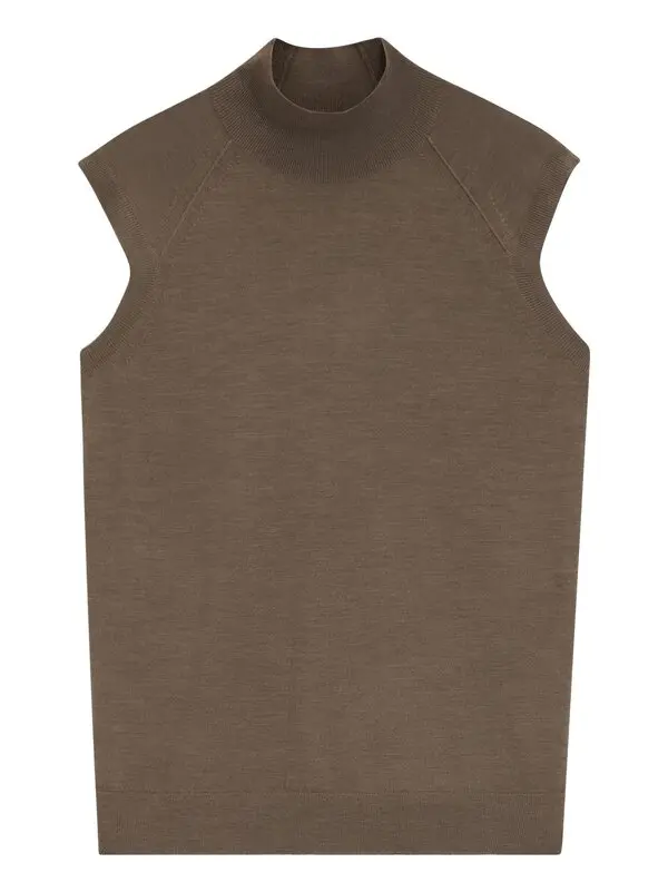 BOSS Sleeveless Mock-neck Sweater In Merino Wool - Brown