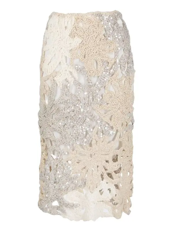 Brunello Cucinelli Embroidered Midi Skirt With Sequins - Nude