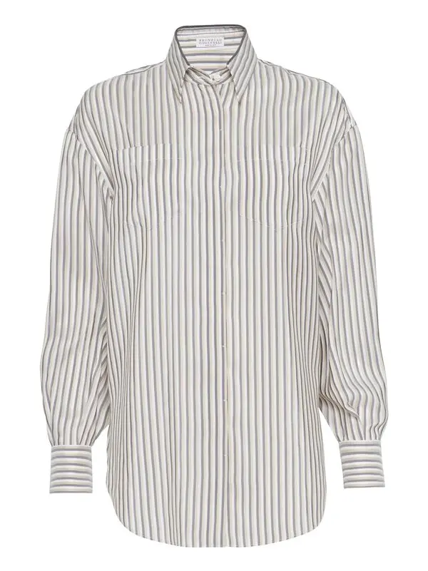 Brunello Cucinelli Striped Shirt With Beaded Collar Detail - White