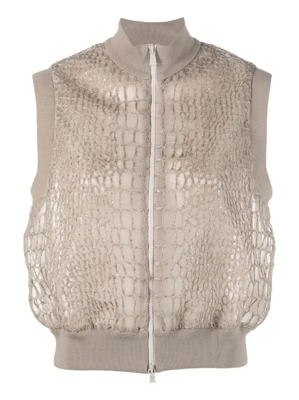 Brunello Cucinelli Sleeveless Cropped Jacket With Embossed Alligator Effect - Nude