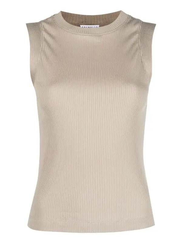 Brunello Cucinelli Ribbed Tank Top With Jewelry Trim - Nude
