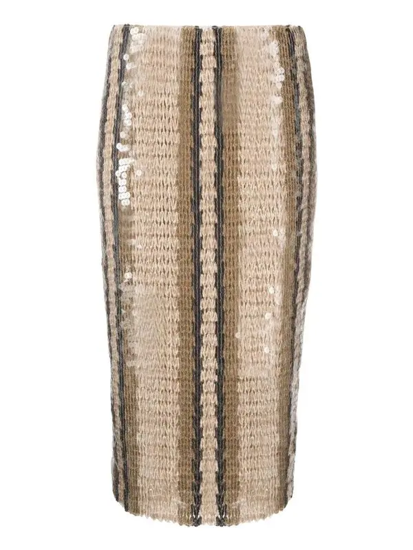 Brunello Cucinelli Sequined Striped Pencil Midi Skirt - Nude