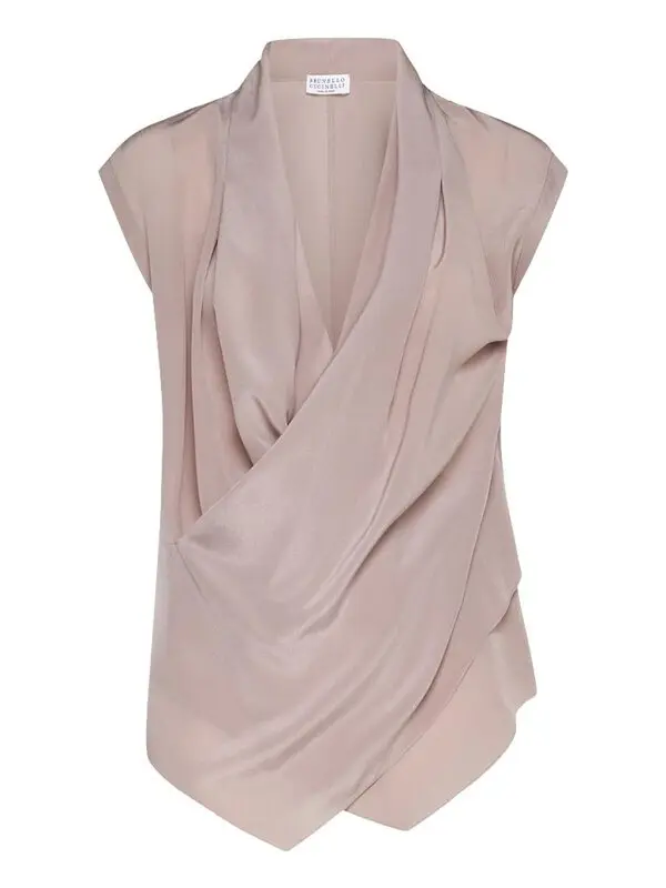 Brunello Cucinelli Cap Sleeve Wrap Front Blouse - Nude