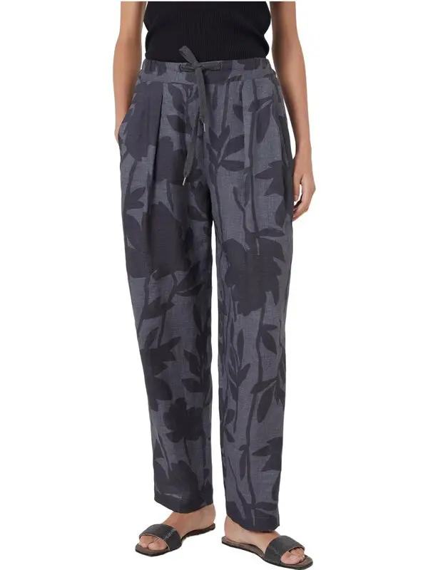 Brunello Cucinelli Floral Print Linen Trousers - Black