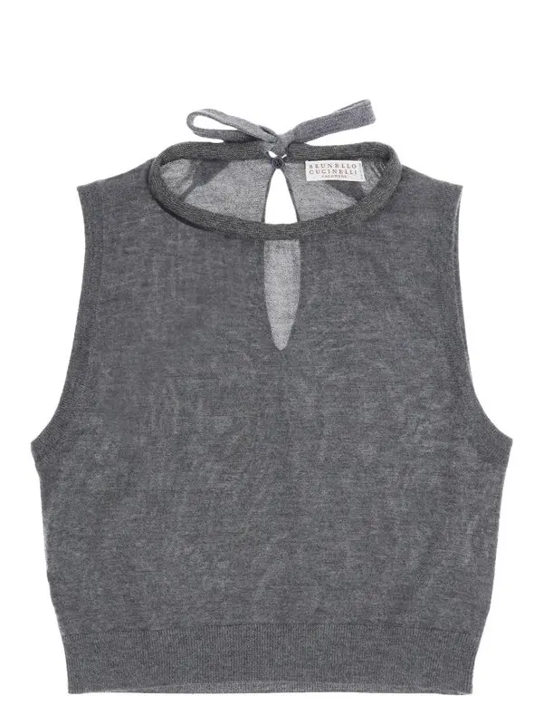 Brunello Cucinelli Sleeveless High Neck Knitted Vest With Tie Detail - Gray