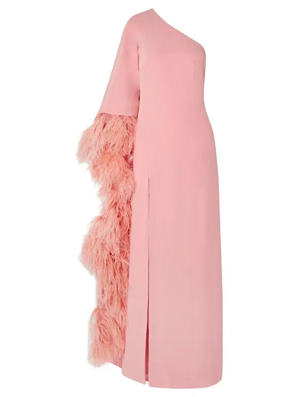 Monique Lhuillier One-sleeve Feather-trimmed Gown - Pink