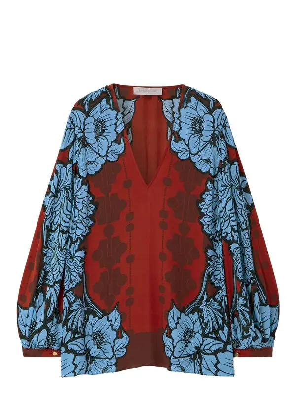 Borgo De Nor Floral Print Metallic Jacquard Chiffon Blouse - Red