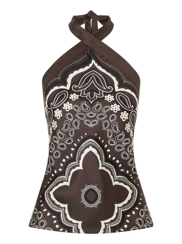 NILI LOTAN Satin Paisley Halter Camisole - Brown