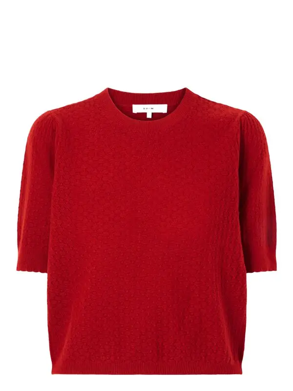 FRAME Gathered Honeycomb Short Sleeve Knit Top - Red