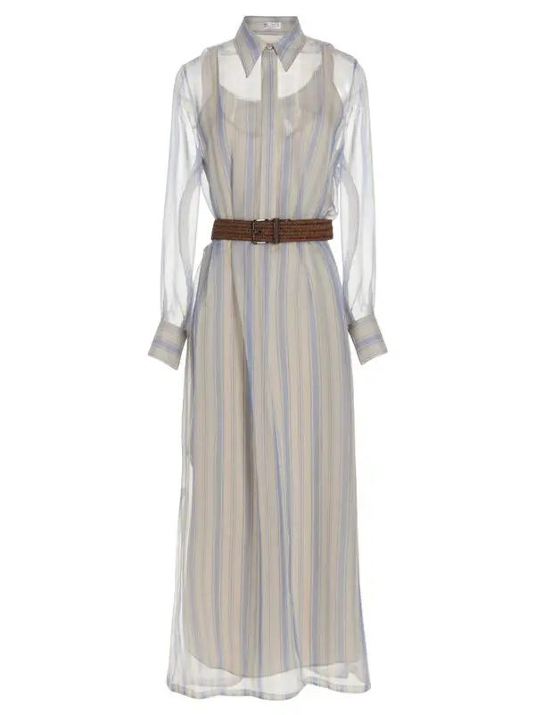 Brunello Cucinelli Striped Maxi Silk Shirt Dress - Nude