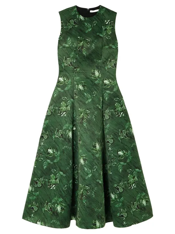 EMILIA WICKSTEAD Pleated Floral Printed Satin Mid-length Dress - Green