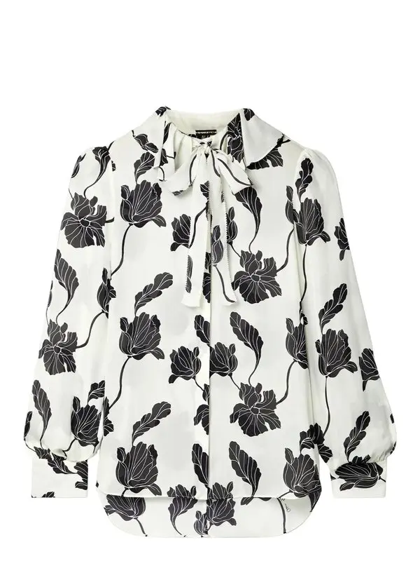 Adam Lippes Floral Printed Silk Crepe De Chine Tie Neck Blouse - White