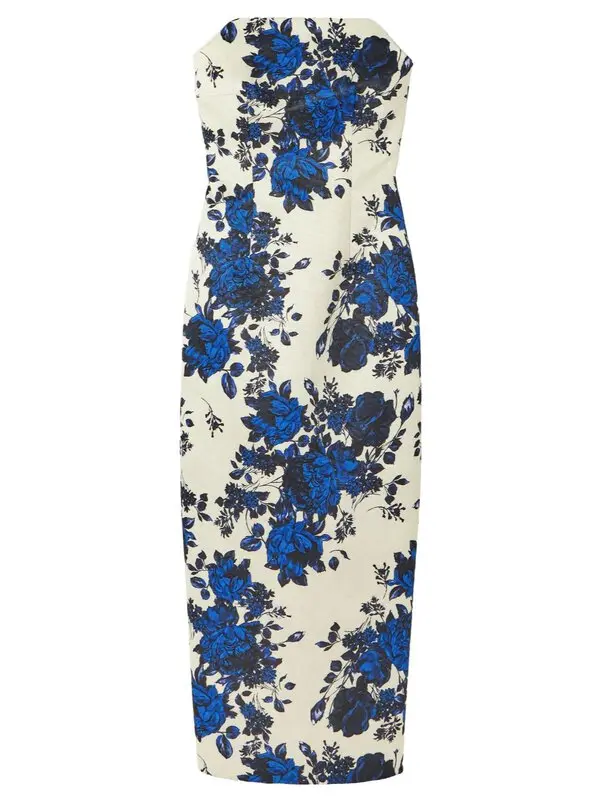 EMILIA WICKSTEAD Strapless Floral Printed Taffeta Grosgrain Midi Dress - White