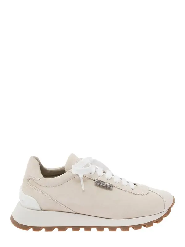 Brunello Cucinelli Round Toe Lace Up Sneakers With Monili Chain Detail - Ivory