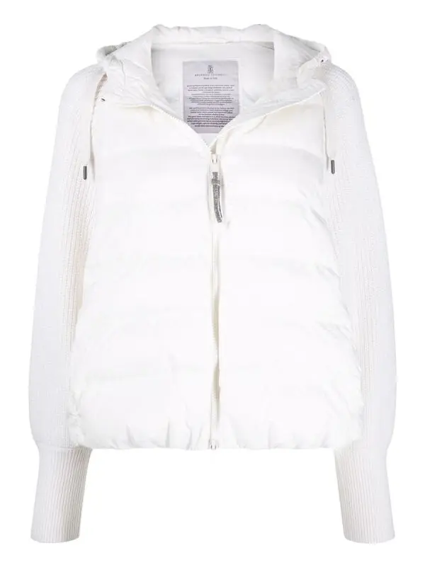Brunello Cucinelli Knitted-sleeve Hooded Puffer Jacket - White