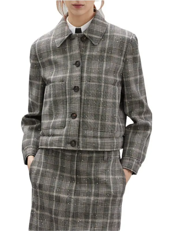 Brunello Cucinelli Sequin-embellished Checked Jacket - Gray