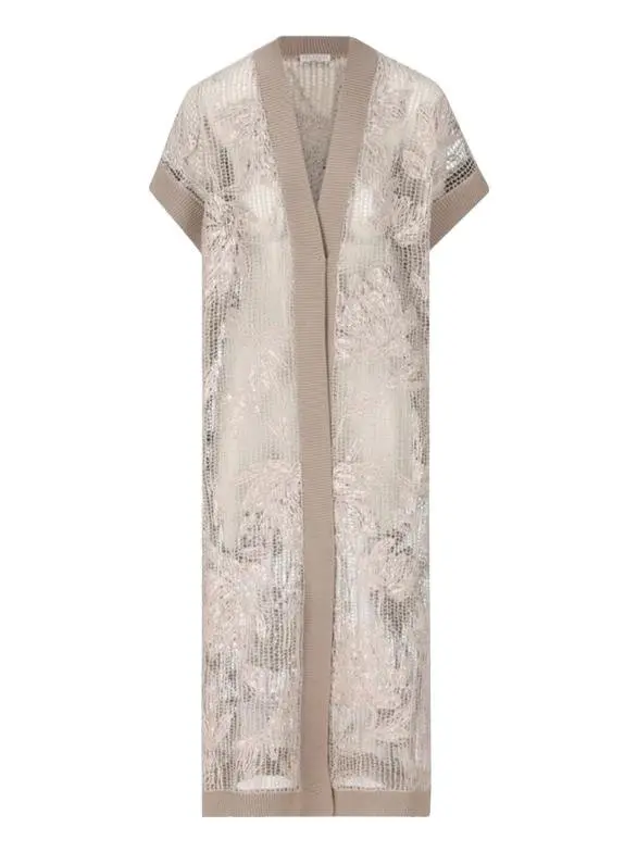 Brunello Cucinelli Embroidered Mesh Long Cardigan - Beige