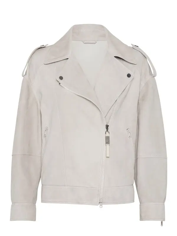 Brunello Cucinelli Long Sleeve Zip-up Jacket With Monili Chain Detail - Light Gray