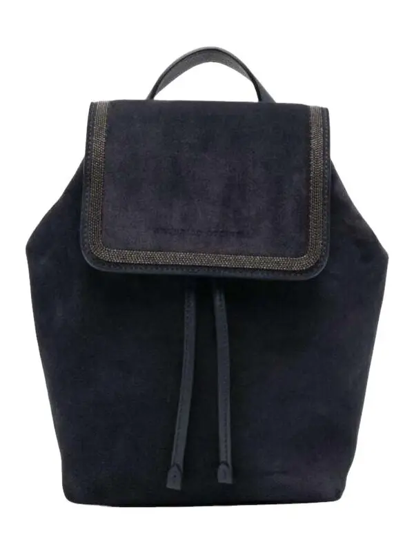 Brunello Cucinelli Beaded Foldover Suede Backpack - Black