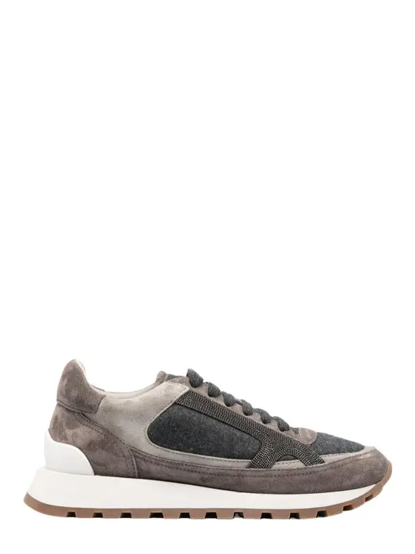 Brunello Cucinelli Monili Embellished Panelled Lace-up Sneakers - Grey