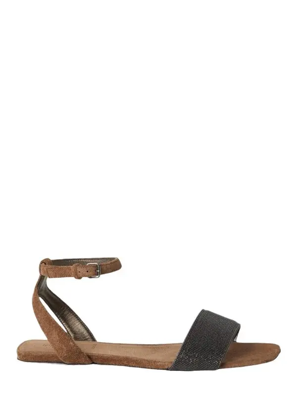 Brunello Cucinelli Embellished Open Toe Flat Sandals - Brown